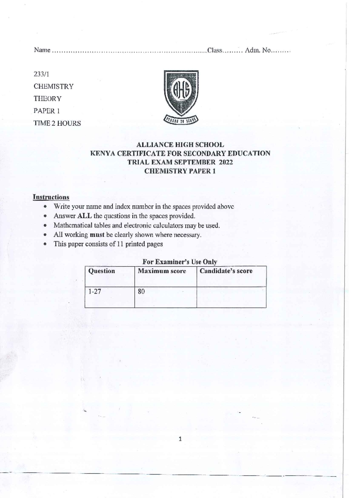 Chemistry- Paper-1 - For revision - Name Class Adm. No CHEMISTRY AHB ...