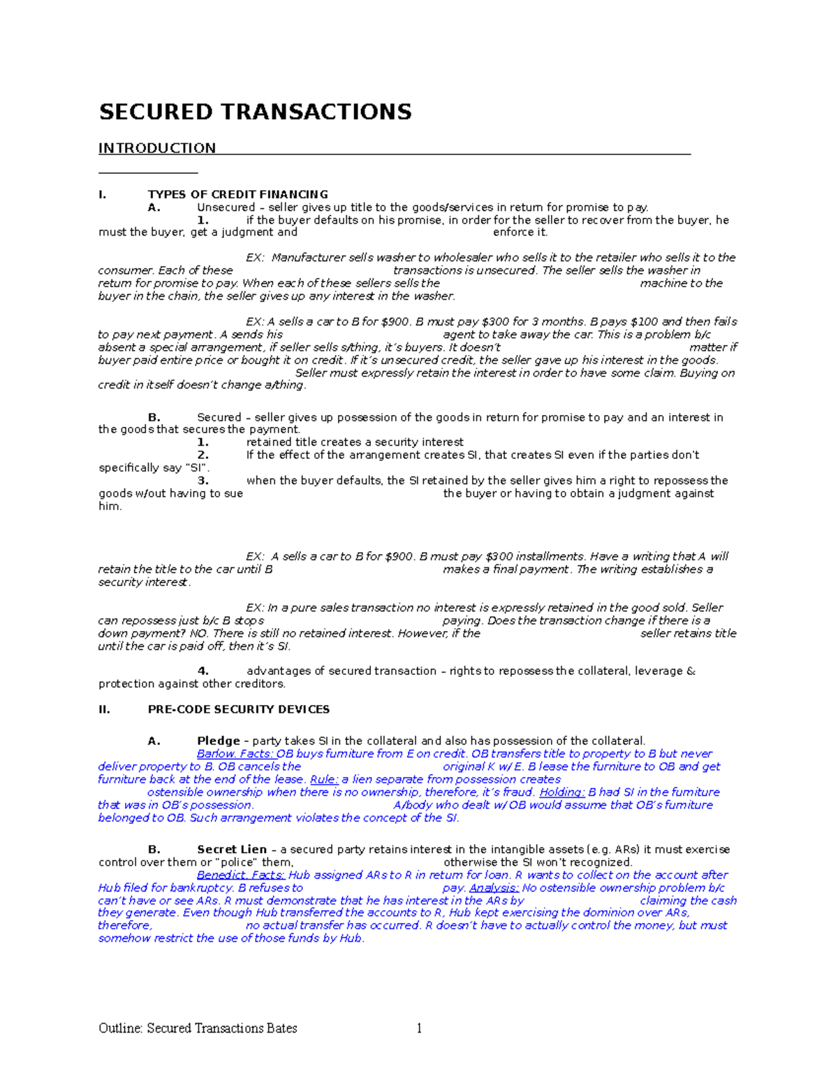 Secured Transactions Outline - SECURED TRANSACTIONS INTRODUCTION I ...