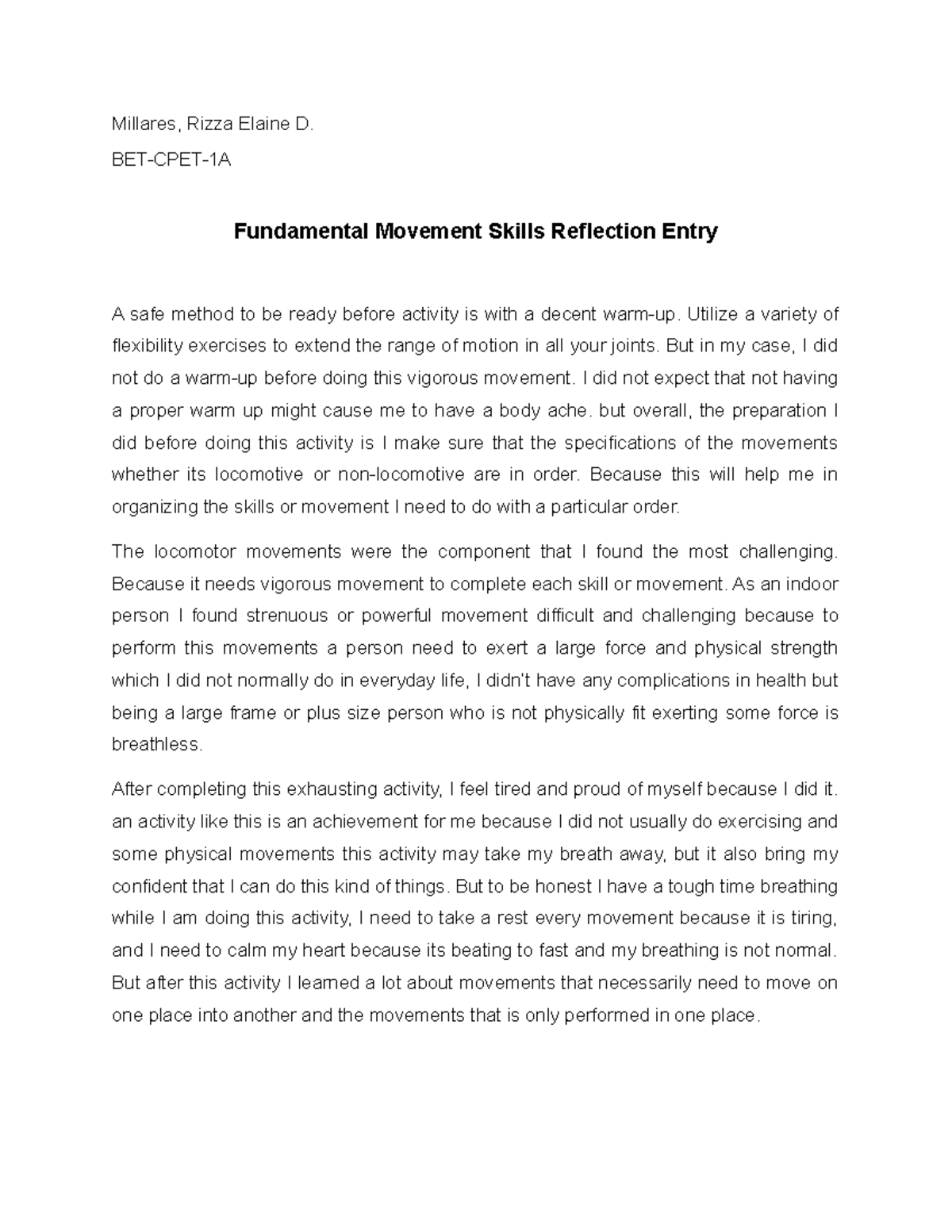 Reflection Entry Millares - Millares, Rizza Elaine D. BET-CPET-1A ...