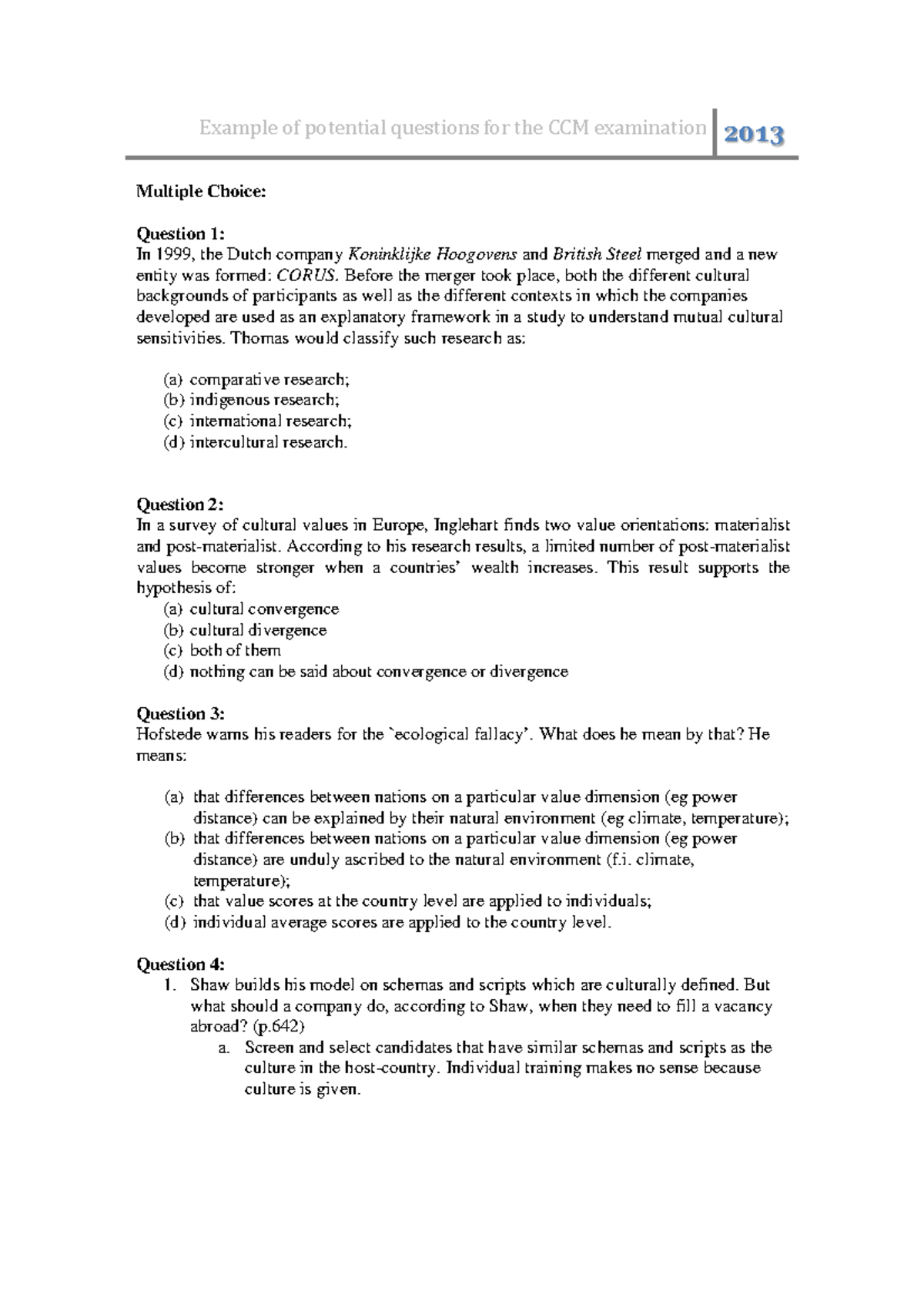 Test / practice exam 2013 questions - Example of potential questions ...
