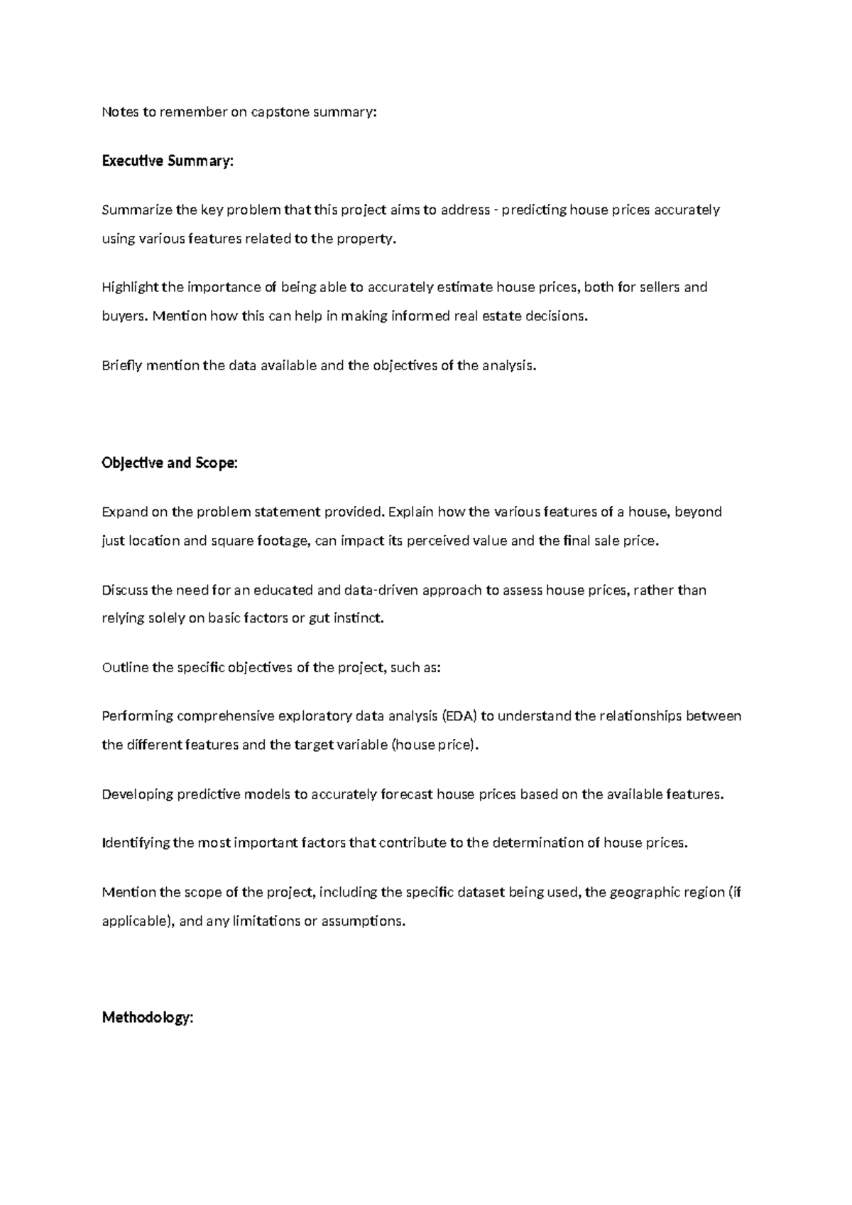 Project notes for ML - Notes to remember on capstone summary: Executive ...