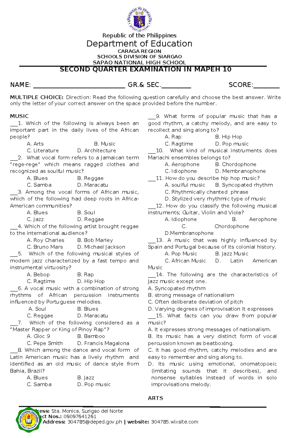 Q2 Mapeh - exam - Republic of the Philippines Department of Education CARAGA REGION SCHOOLS ...