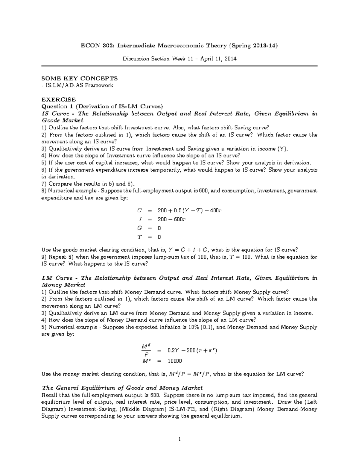 Handout 11-IS-LM - ECON 302: Intermediate Macroeconomic Theory (Spring 2013-14) Discussion ...