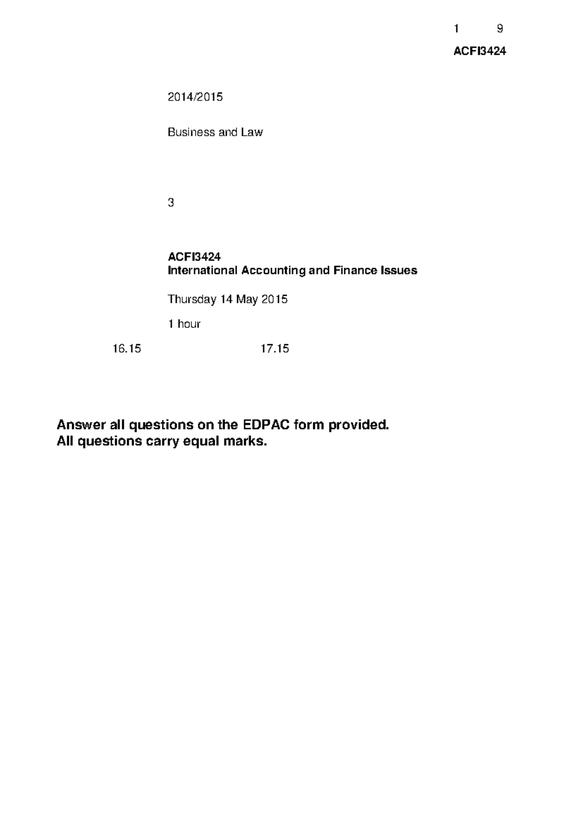 International Accounting and Finance Issues - 1 9 ACFI3424 2014/2015 ...