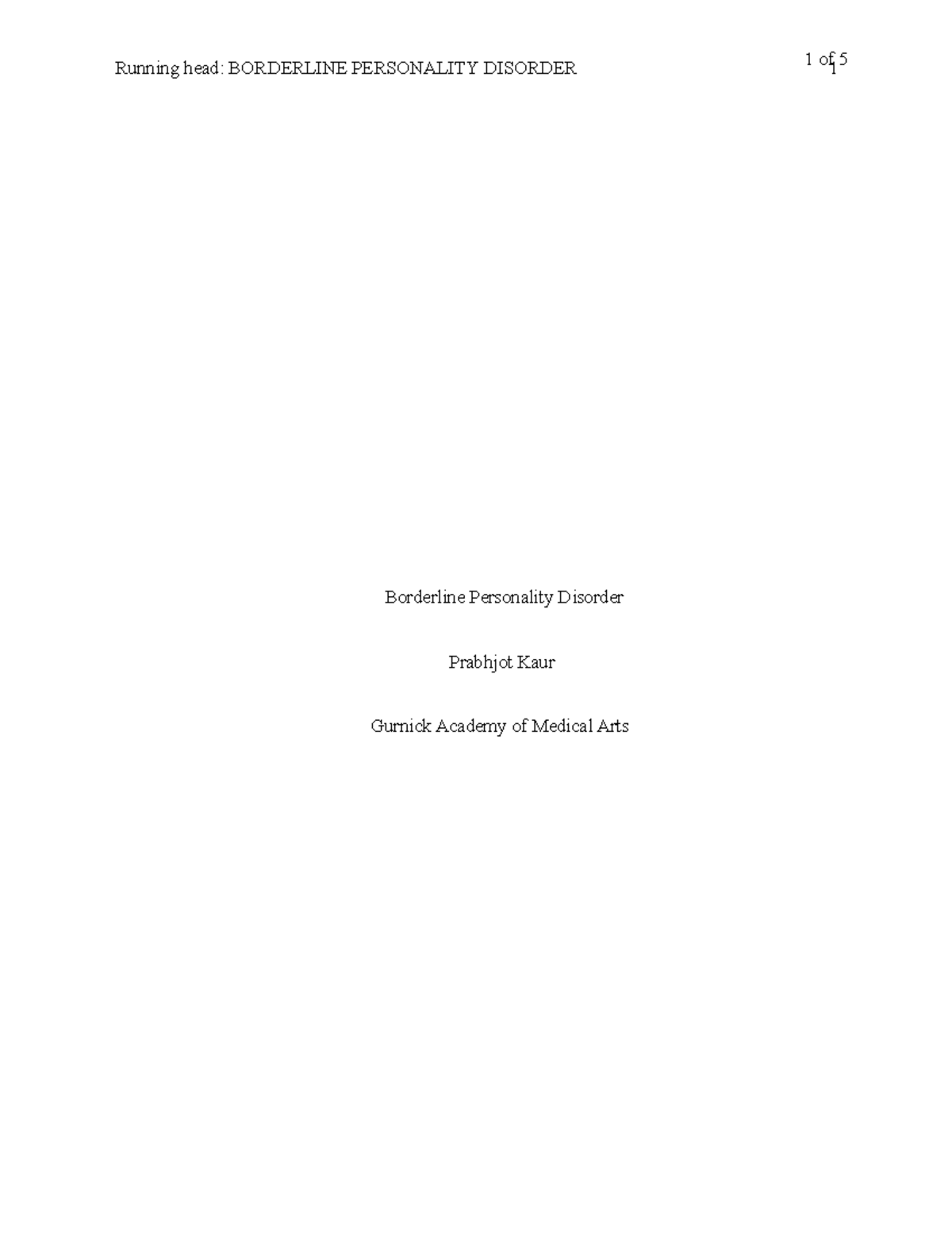 Final BPD - research paper - Borderline Personality Disorder Prabhjot ...