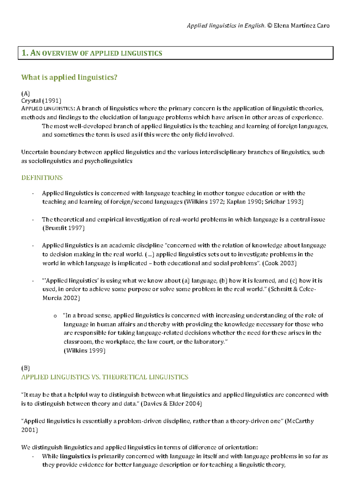 1-An overview of AL - introduccion de applied linguistics de elena martinez caro - Applied - Studocu