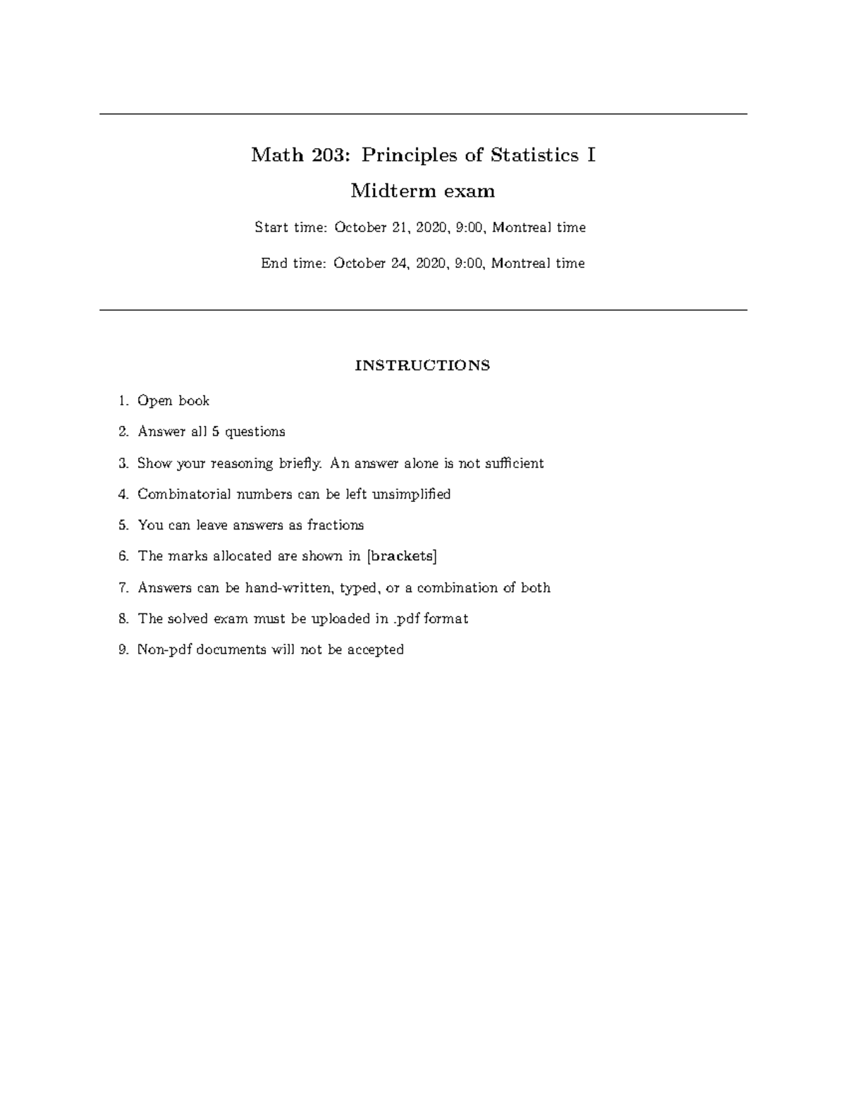 MATH 203 Fall 2020 Midterm - Math 203: Principles of Statistics I ...