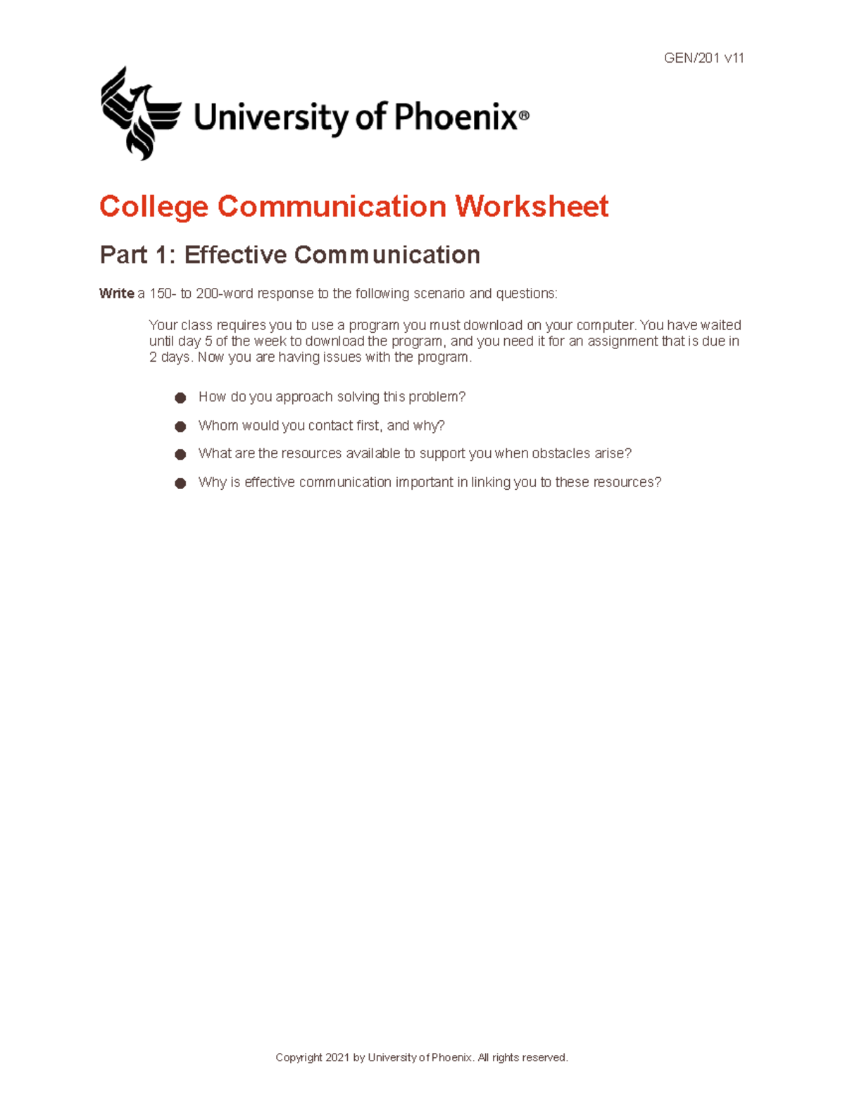 GEN 201 Week 3Assignment - GEN/201 v College Communication Worksheet ...