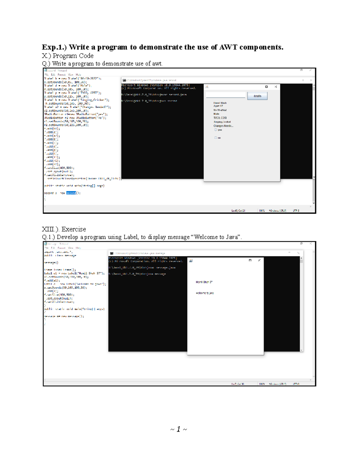 Hemil Java - java - Exp.) Write a program to demonstrate the use of AWT components. X.) Program ...