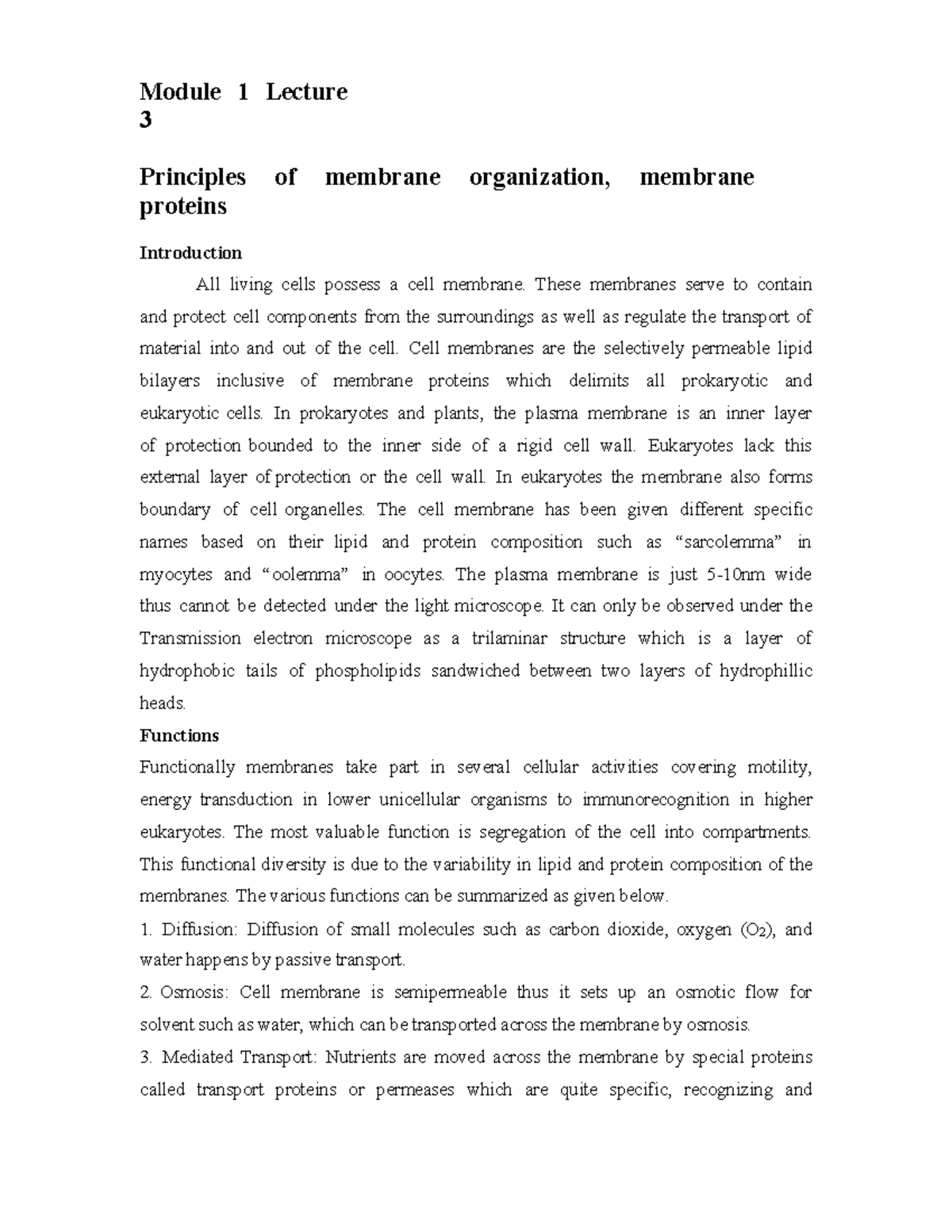 Principles of membrane organization, membrane proteins - Module 1 ...