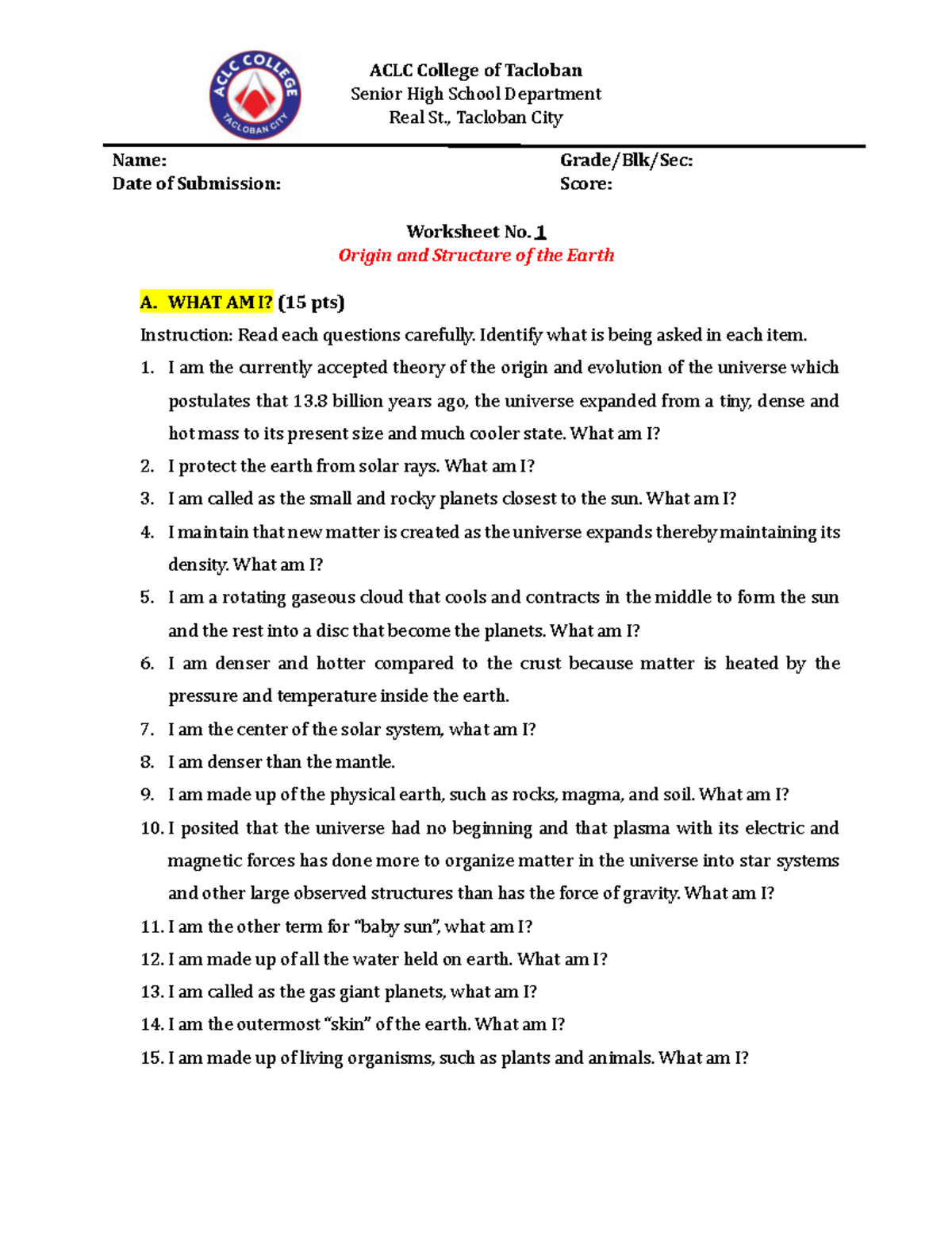 Worksheet 1 Origin and Structure of the Earth - Name: Grade/Blk/Sec ...