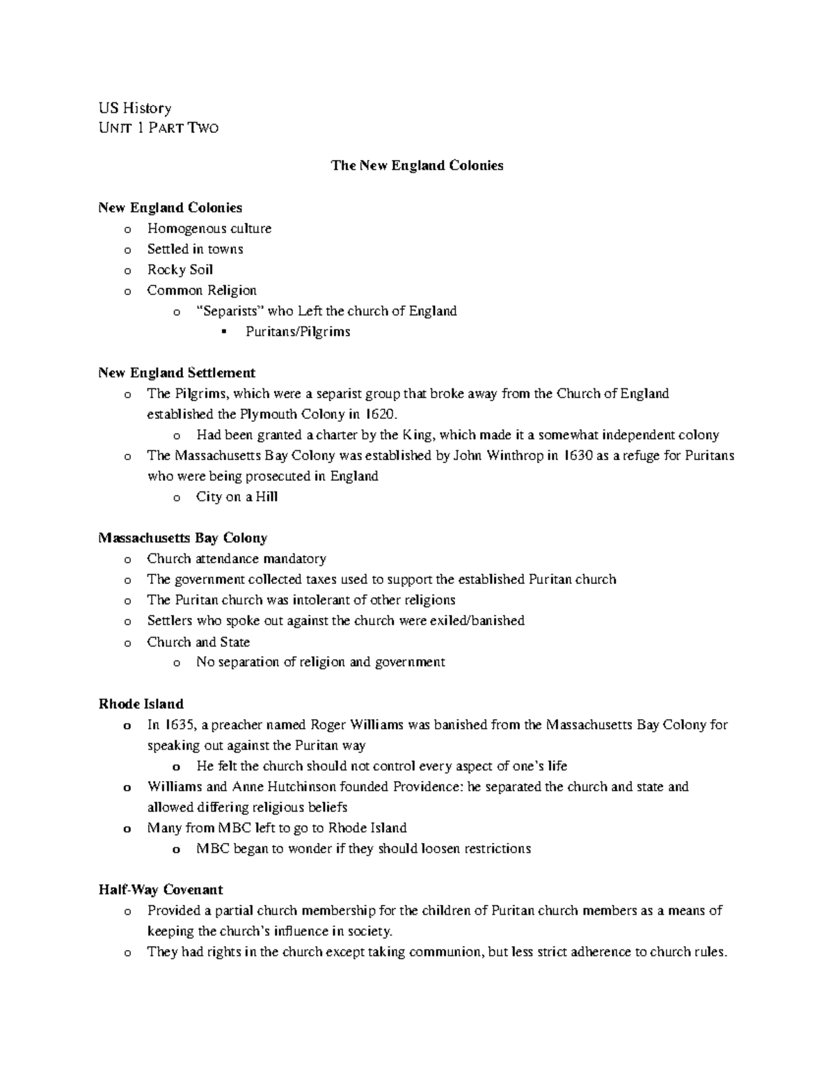 US History Unit 2 Stu Docu - US History UNIT 1 PART TWO The New England ...