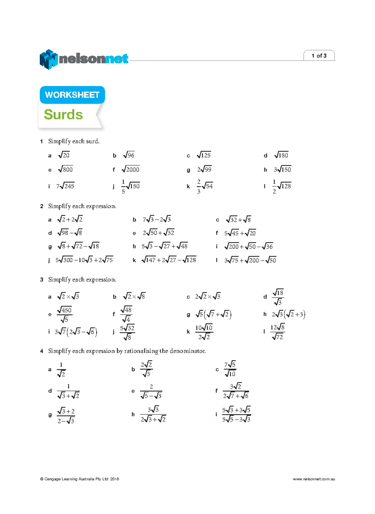 Surds Year 11 Maths © Cengage Learning Australia Pty Ltd 2018 1 Of 3 Surds 1
