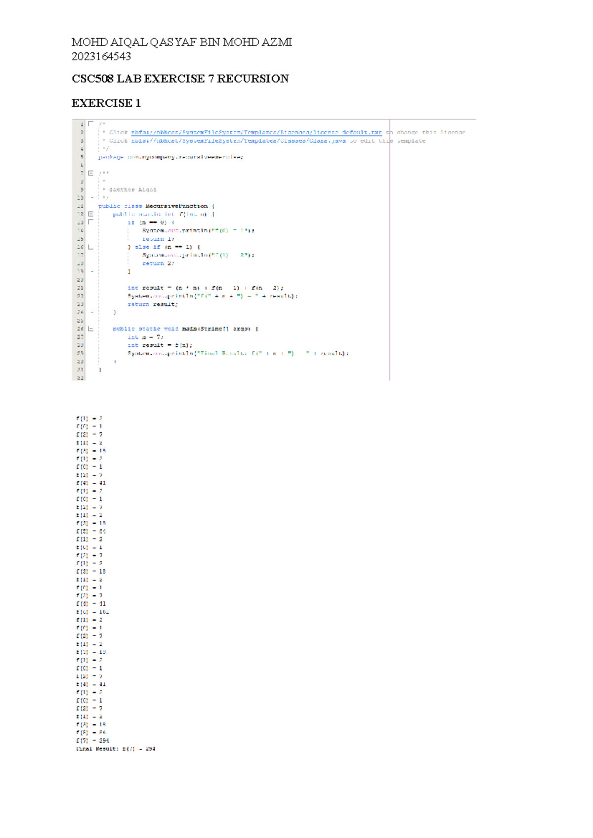 LAB 7 EXERCISE ANSWER - Data Structure - MOHD AIQAL QASYAF BIN MOHD AZMI 2023164543 CSC508 LAB ...