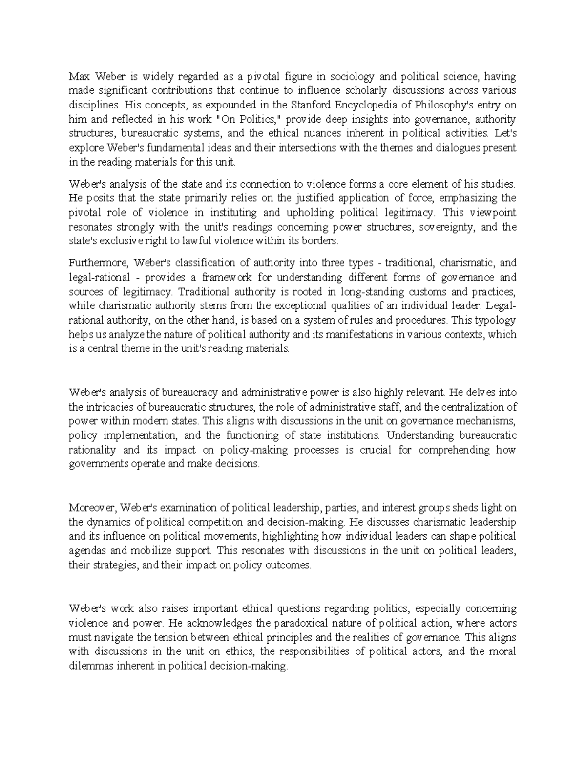 Learning journal Introduction to Sociology - Max Weber is widely ...