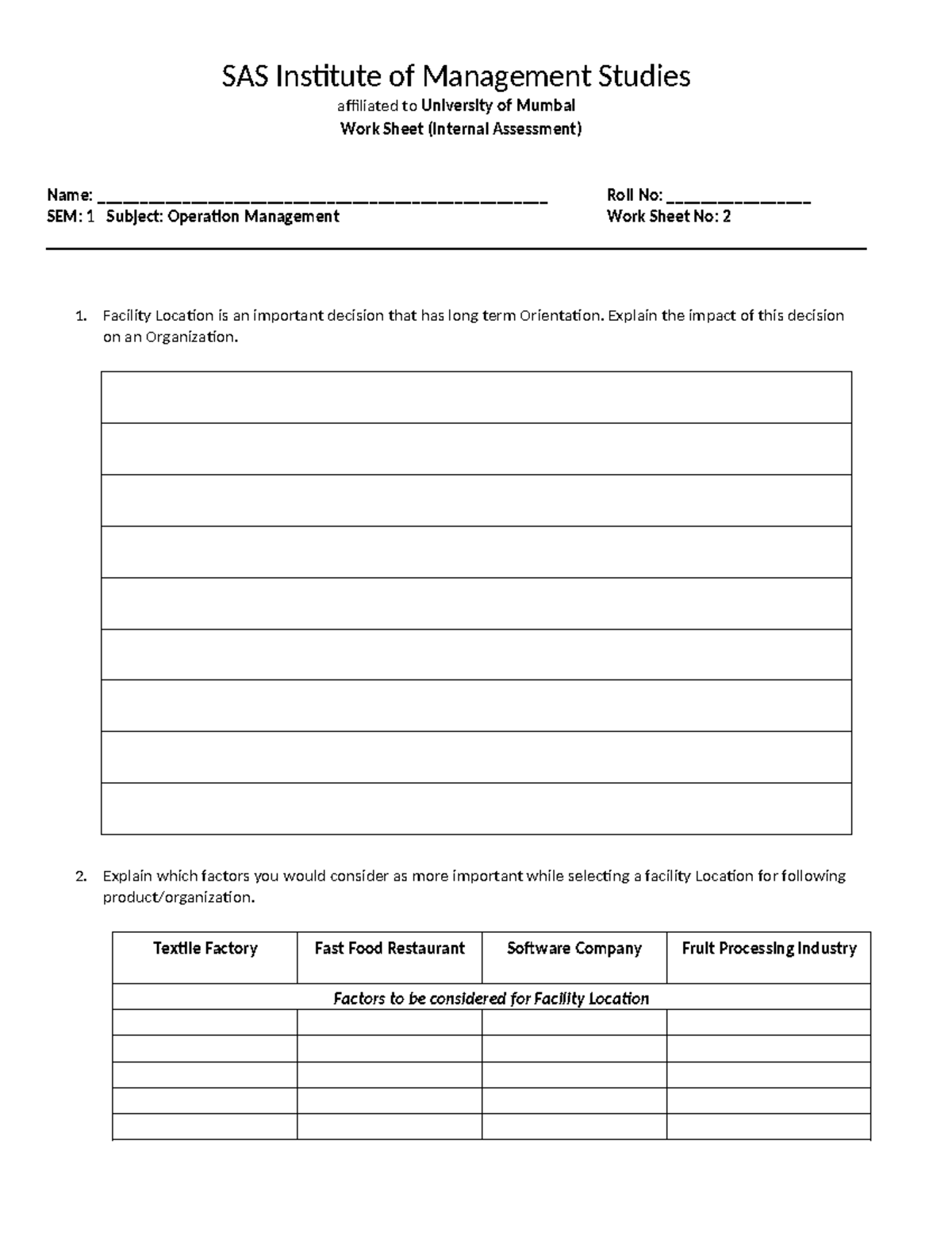 Operation Management worksheet 2 - SAS Institute of Management Studies ...