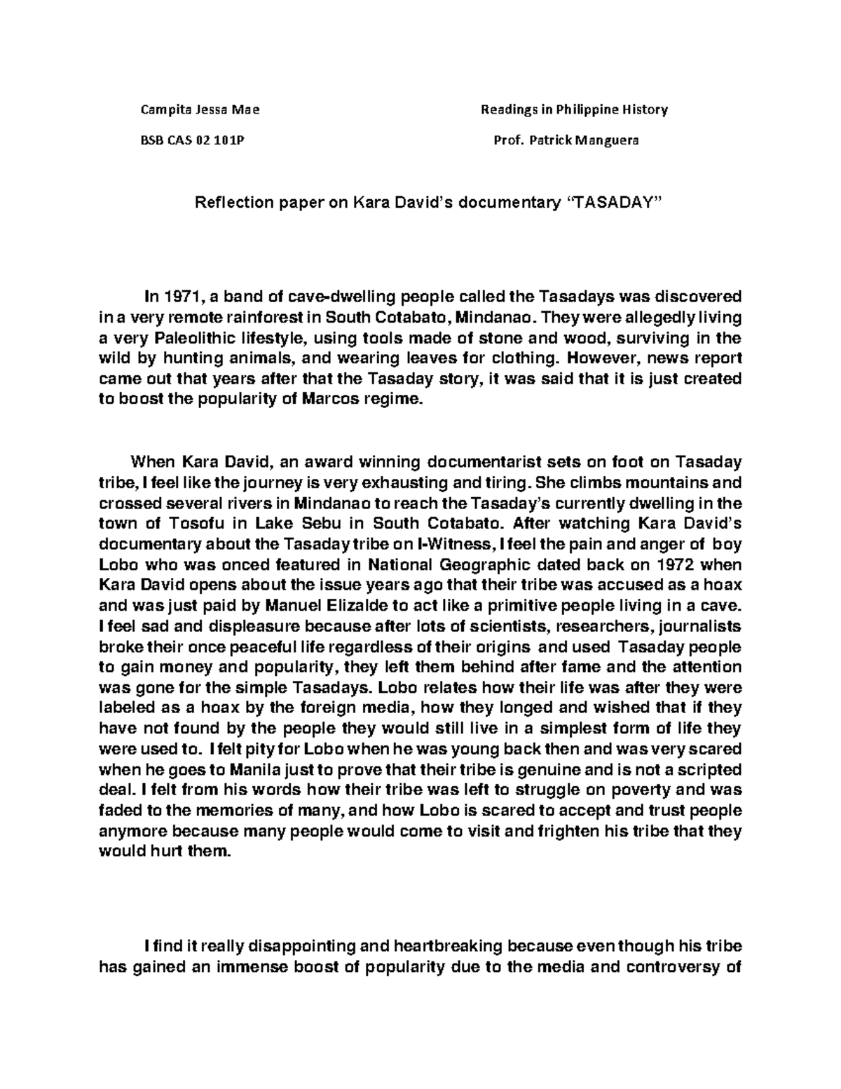 Reflection ON Tasaday Documentary - Campita Jessa Mae Readings in ...