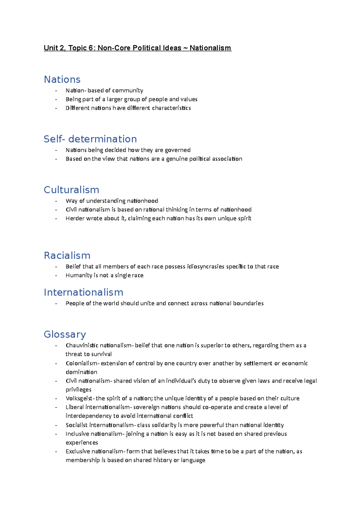 Nationalism noting due 1:23 - Unit 2, Topic 6: Non-Core Political Ideas ...