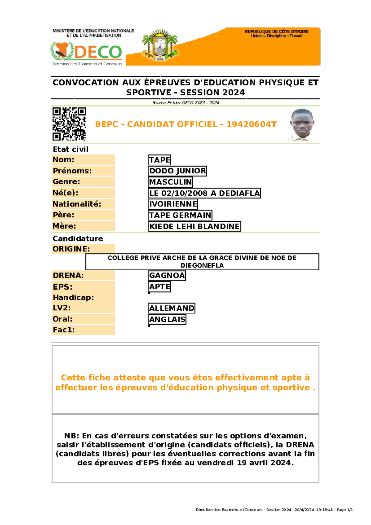 Téléchargement - Etat civil Nom: TAPE Prénoms: DODO JUNIOR Genre ...