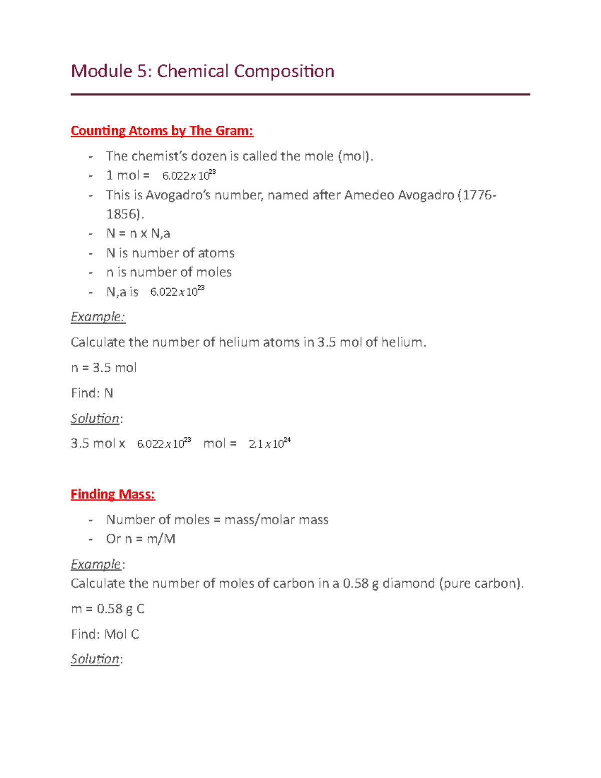 Module 5 Notes - Module 5: Chemical Composition Counting Atoms by The ...
