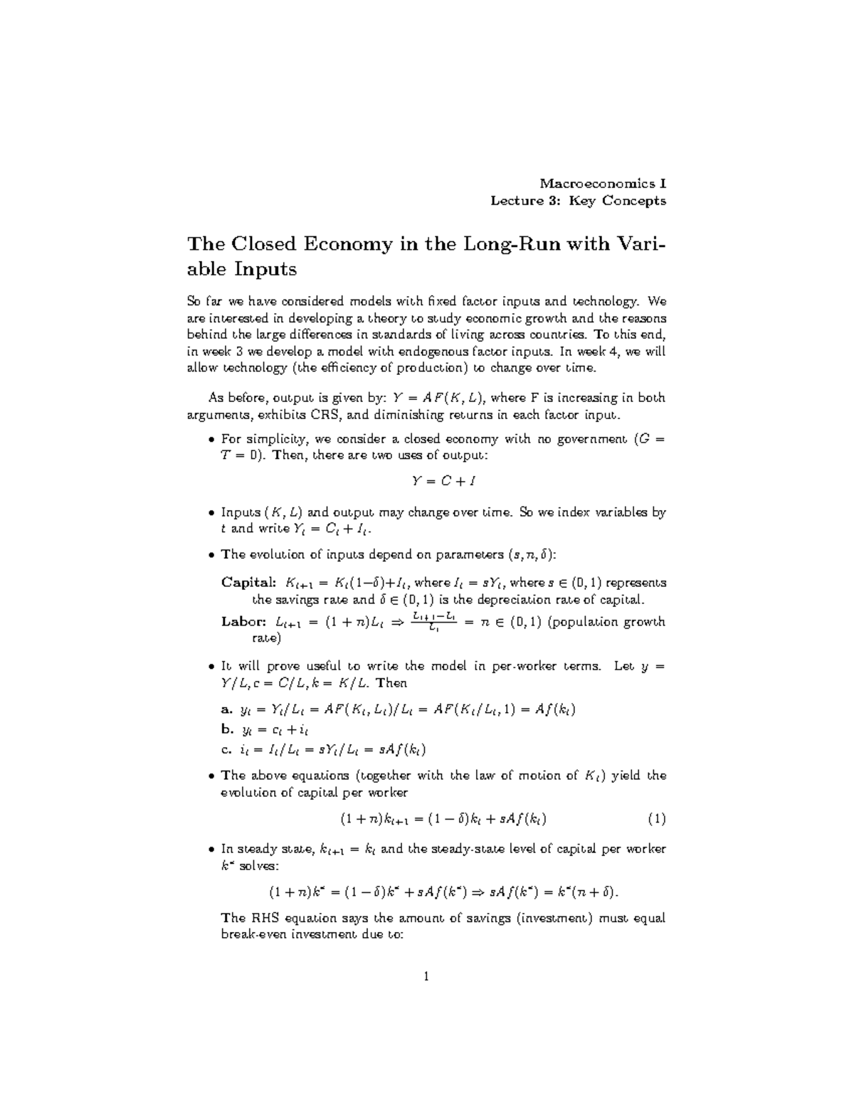 Key Concepts Class 3 - Solow Model - Macroeconomics I Lecture 3: Key ...