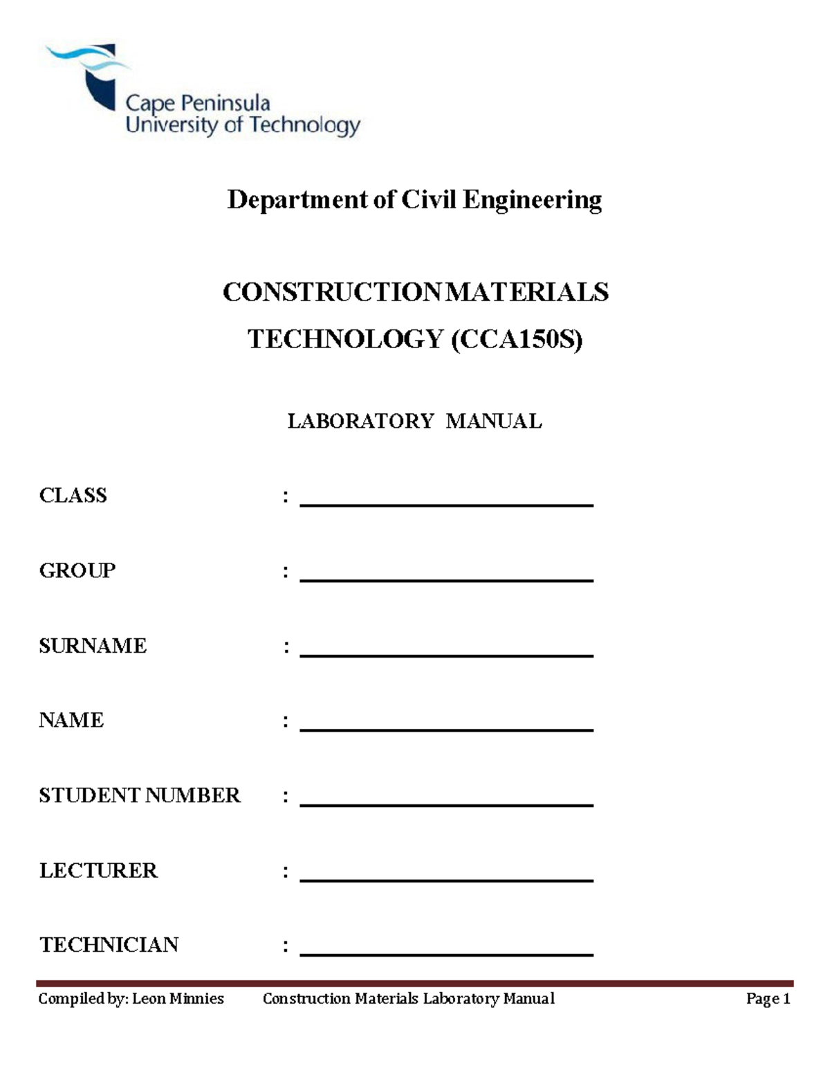 Construction Materials Technology (CCA150S) - Department of Civil ...