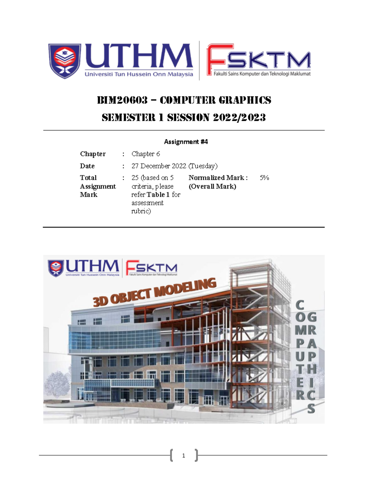 Assignment 4 - test 234gfg - ASSIGNMENT #4 3D Object Modeling BIM 1 ...