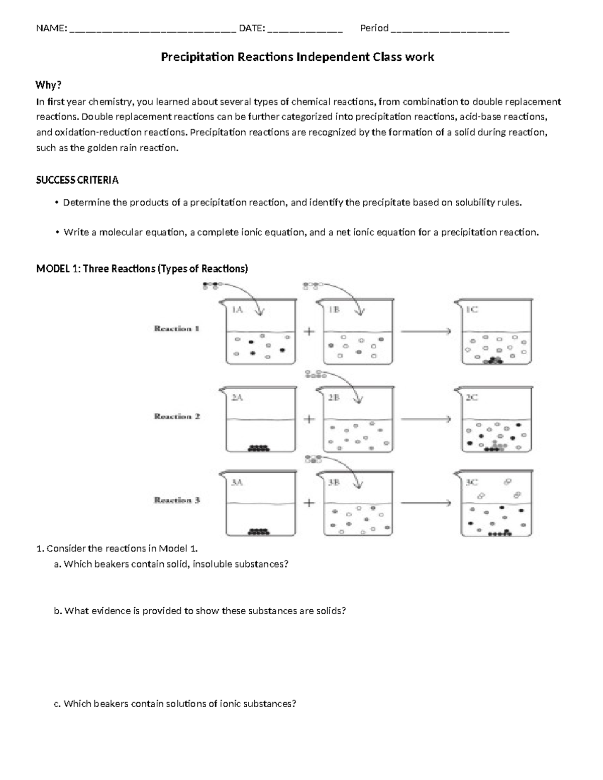 Precipitation Reactions Lab Independent Classwork - NAME