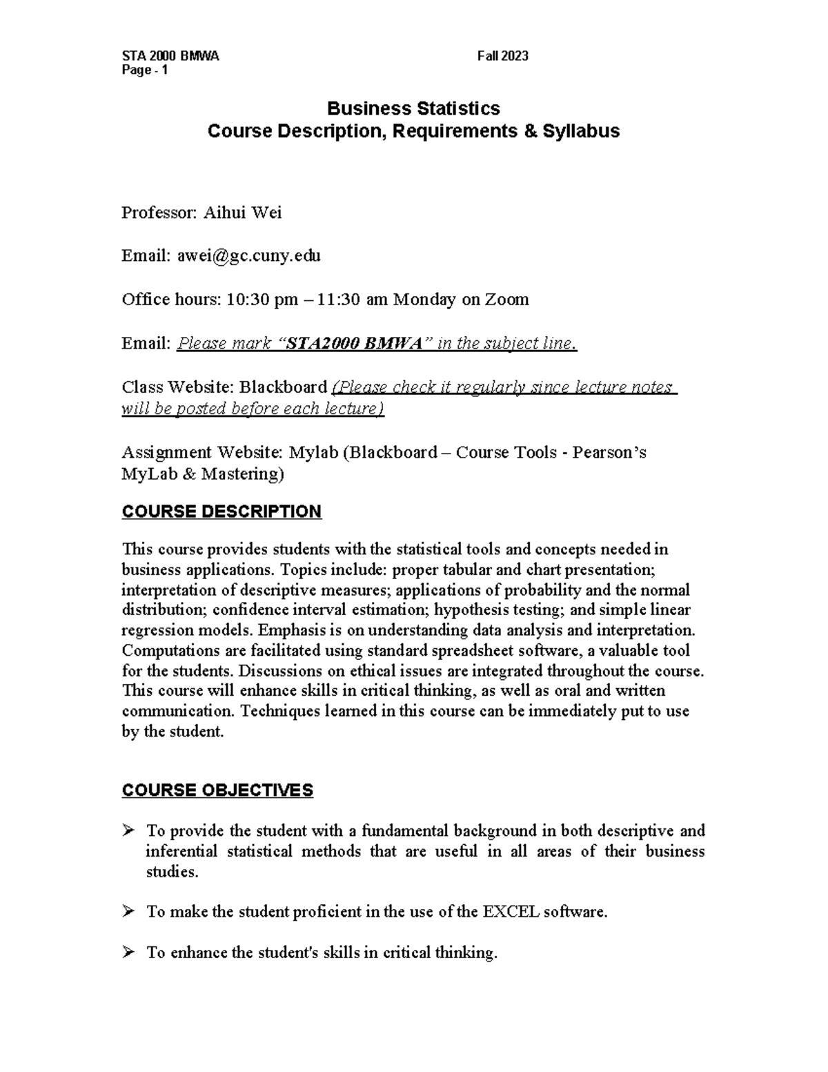 Syllabus-STAT2000-BMWA - Page - 1 Business Statistics Course ...
