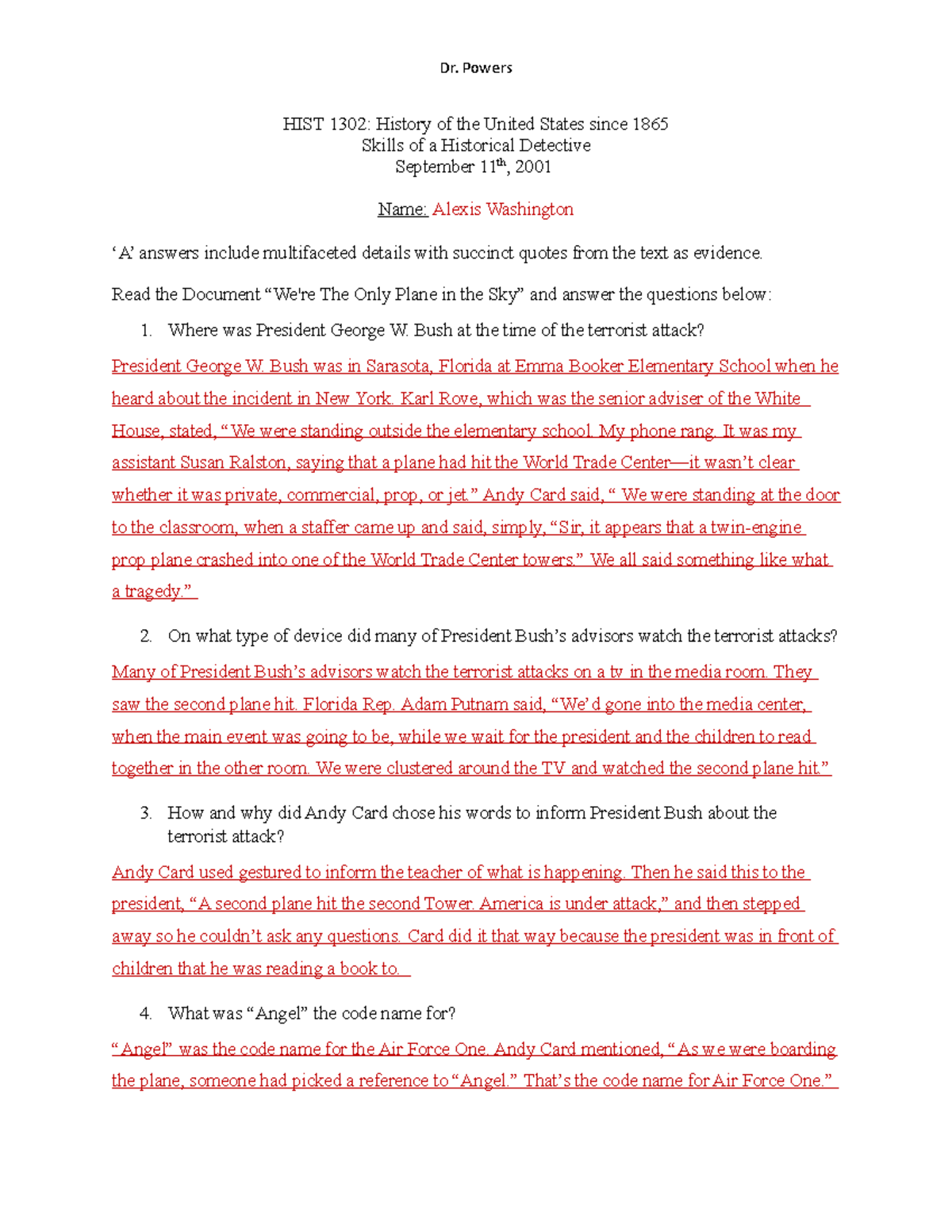 Sept. 11 Activity Answer Sheet - HIST 1302: History of the United ...