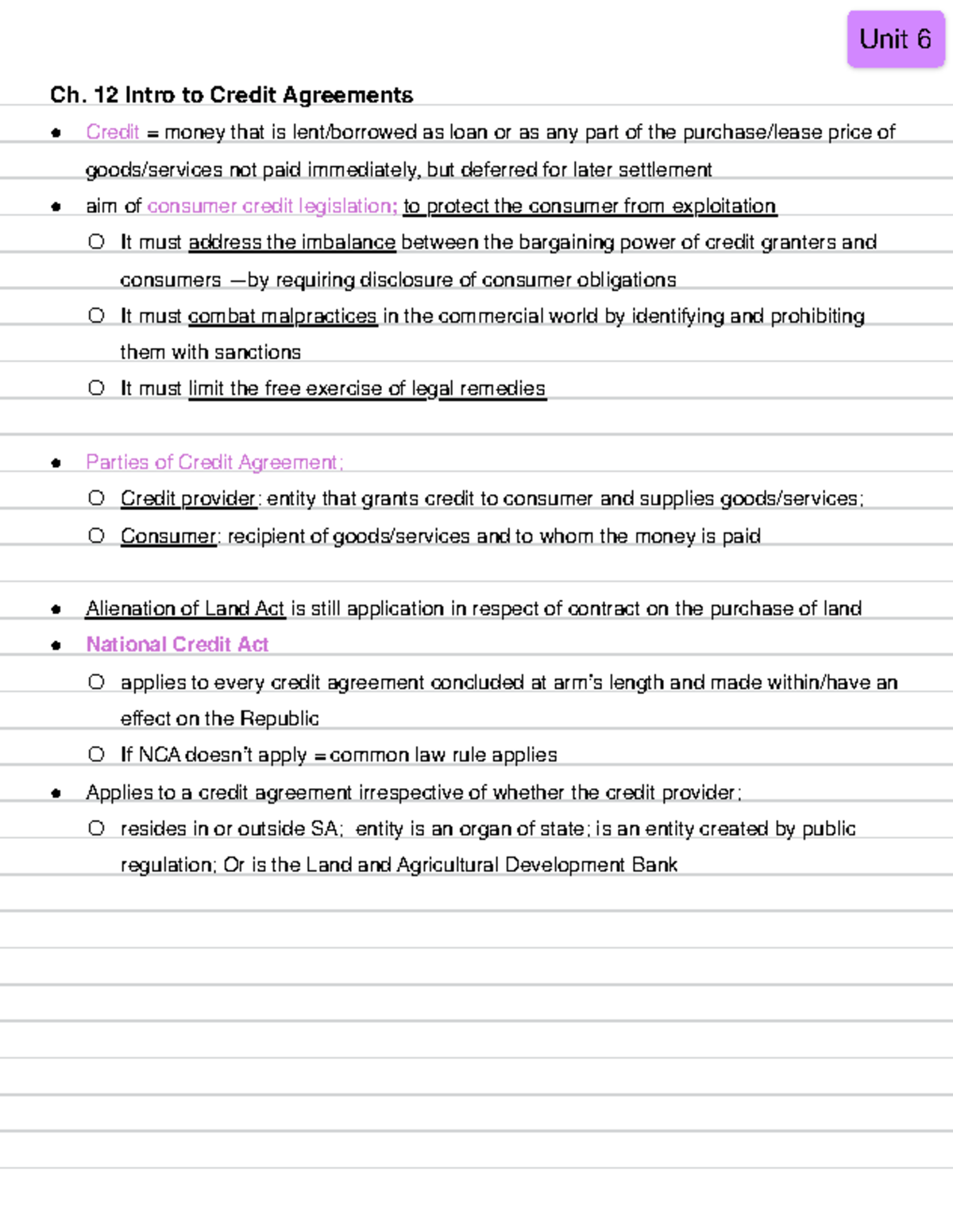Intro Credit Agreement - Unit 6 Ch. 12 Intro to Credit Agreements ...
