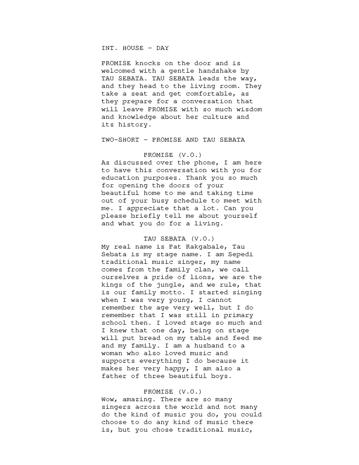 Script 2 - INT. HOUSE - DAY PROMISE knocks on the door and is welcomed ...