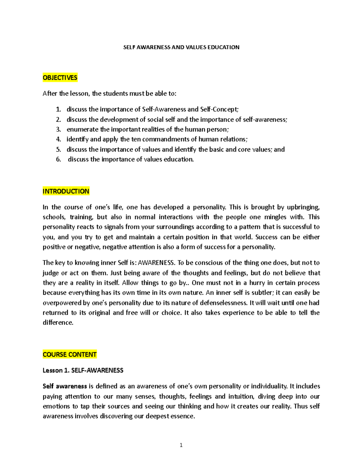 SELF- Awareness 2 - SELF AWARENESS AND VALUES EDUCATION OBJECTIVES ...