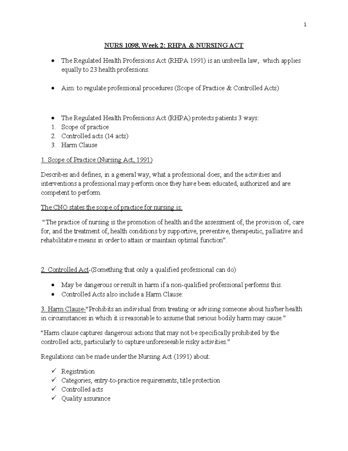 Week 2 Notes-RHPA Nurses Act - 1 NURS 1098, Week 2: RHPA & NURSING ACT ...