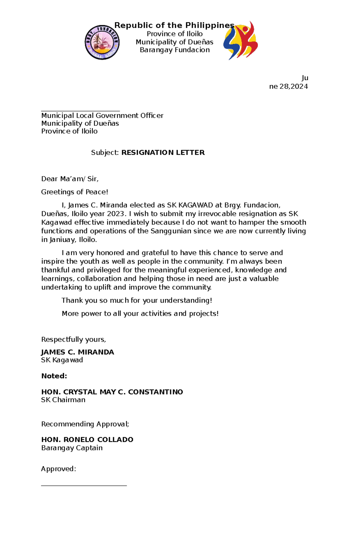 Resignation letter - This just for compliance - Republic of the ...