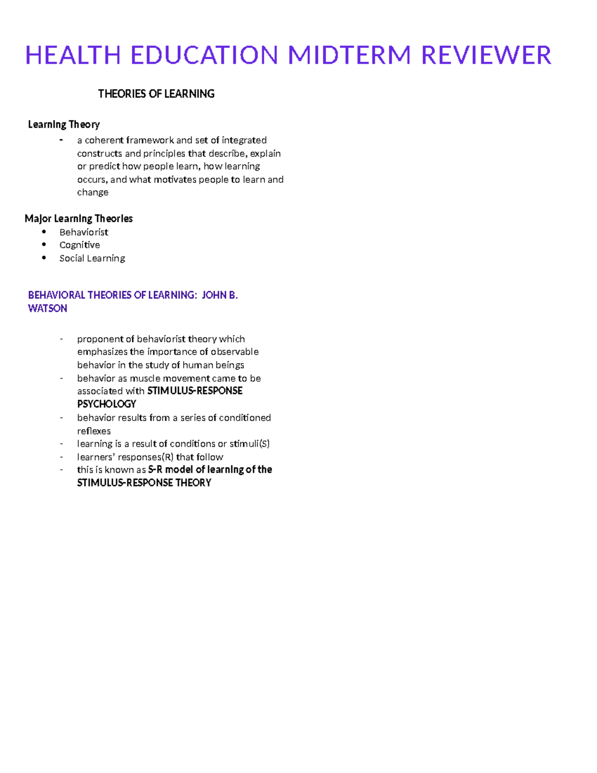 Health Education Midterm Reviewer - HEALTH EDUCATION MIDTERM REVIEWER THEORIES OF LEARNING ...