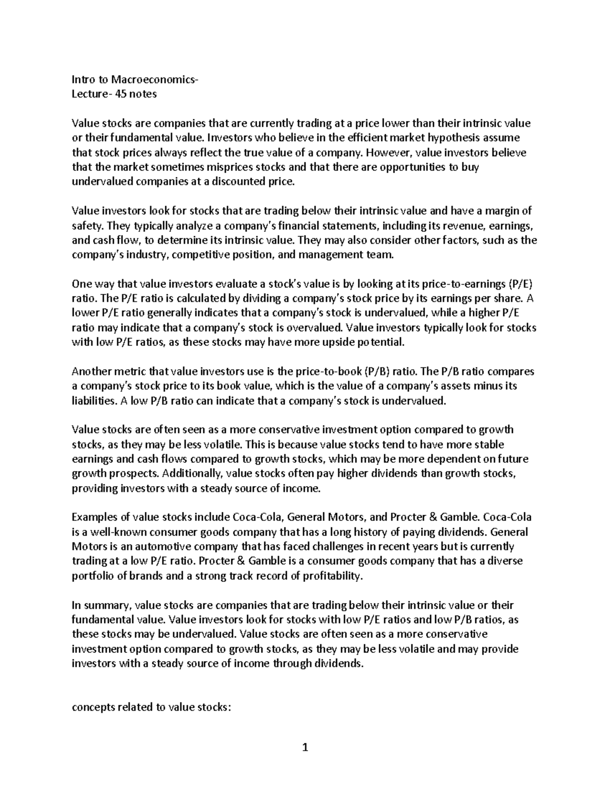 Intro To Macroeconomics Lecture 45 Notes 1 Intro To Macroeconomics Lecture 45 Notes Value