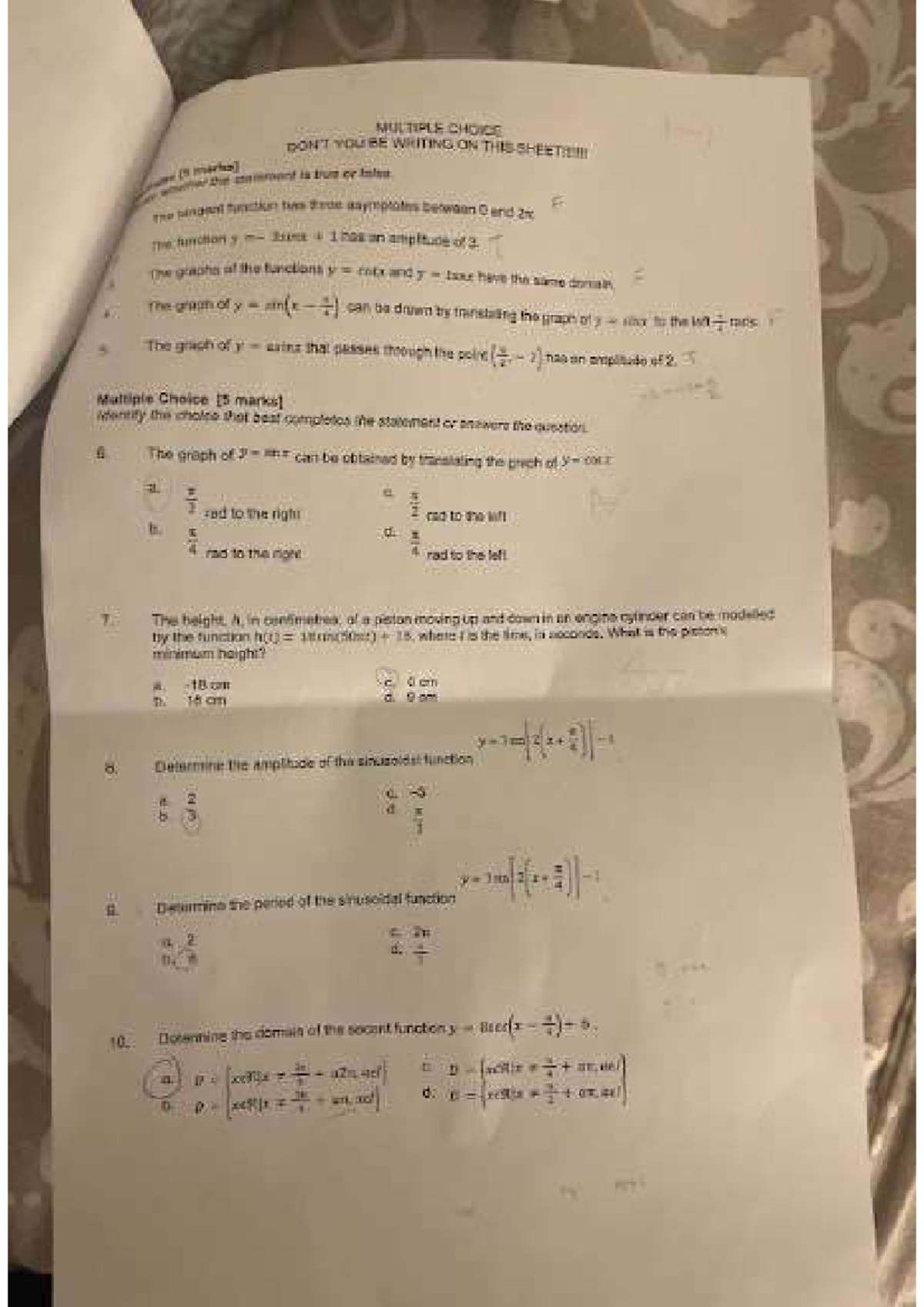 Functions Test - Graphing - MULTIPLE CHOICE YOU BE WRITING ON THIS ...