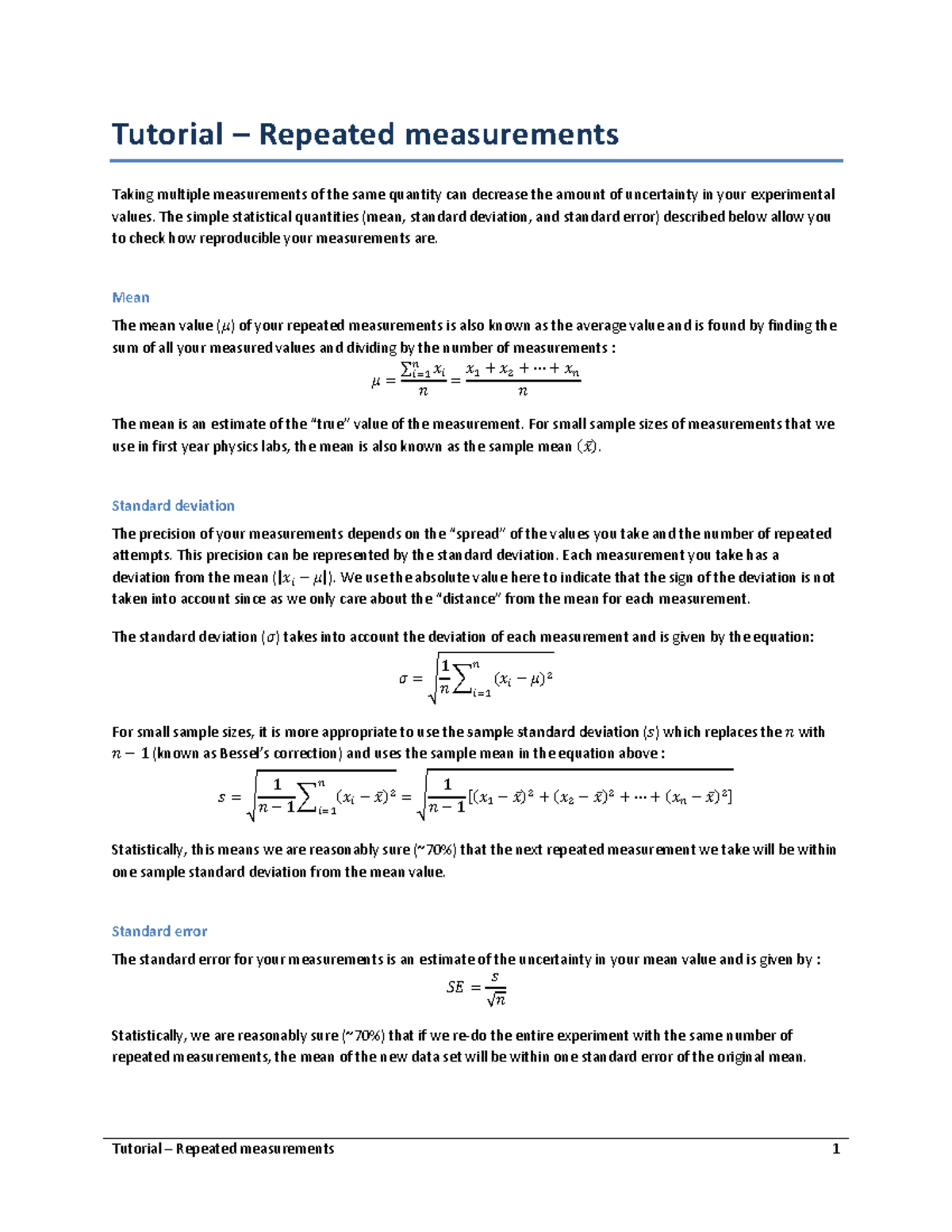 Repeated measurements - The simple statistical quantities (mean ...