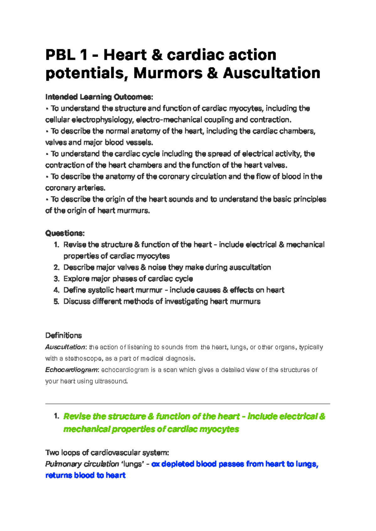Heart and Cardiac Action Potentials, Murmors and Auscultation - P B L 1 ...