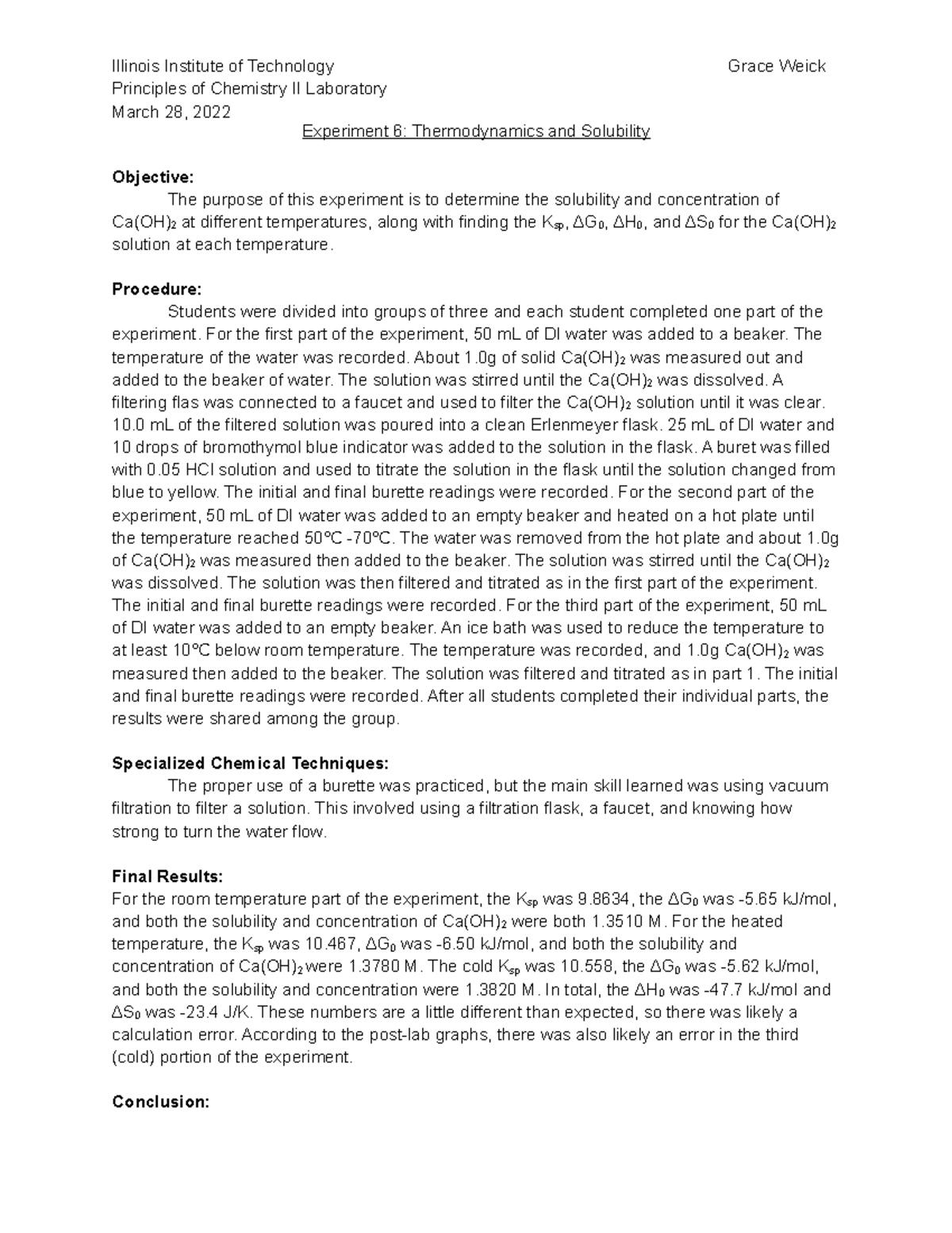 Chem II Lab 6 Report - Principles of Chemistry II Laboratory March 28 ...