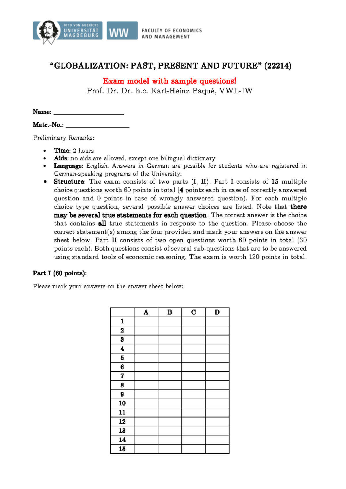 Exam model with sample questions - “GLOBALIZATION: PAST, PRESENT AND ...