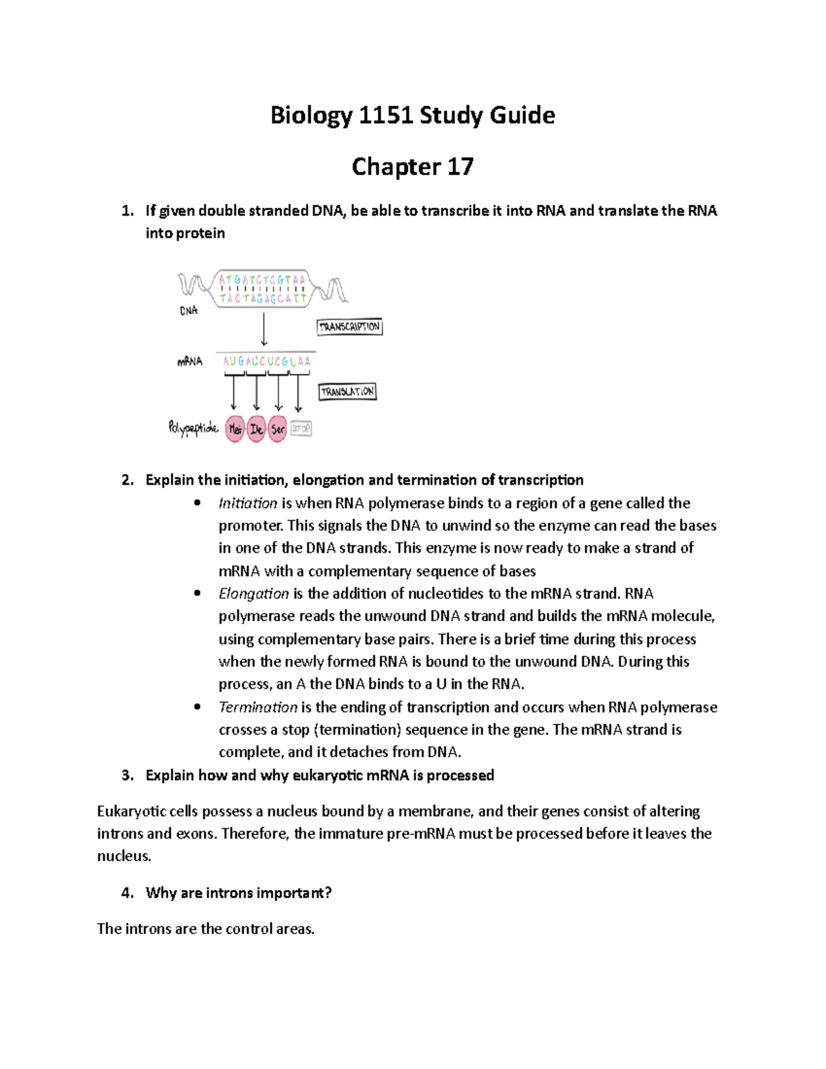 Chapter 17 Study Guide copy - Biology 1151 Study Guide Chapter 17 1. If ...