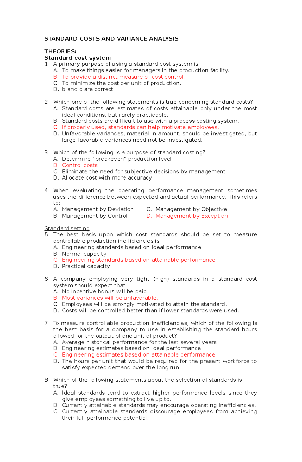 Standard Costs AND Variance Analysis - STANDARD COSTS AND VARIANCE ANALYSIS THEORIES: Standard ...