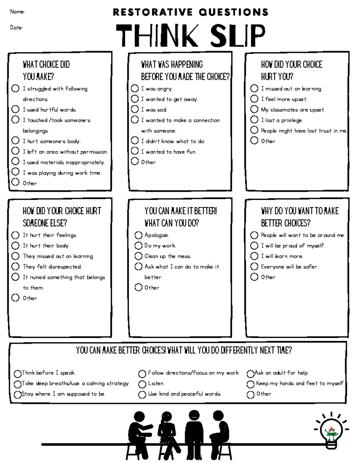 Copy of Restorative Questions Think Slip Checklist - Name: Date: THINK ...