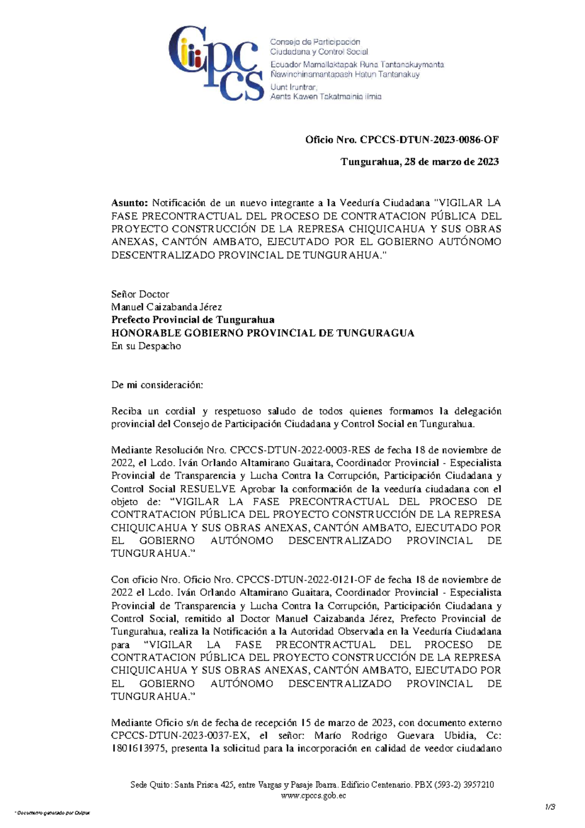 Cpccs DTUN 2023 0086 OF - fasfasdsad - Sede Quito: Santa Prisca 425 ...