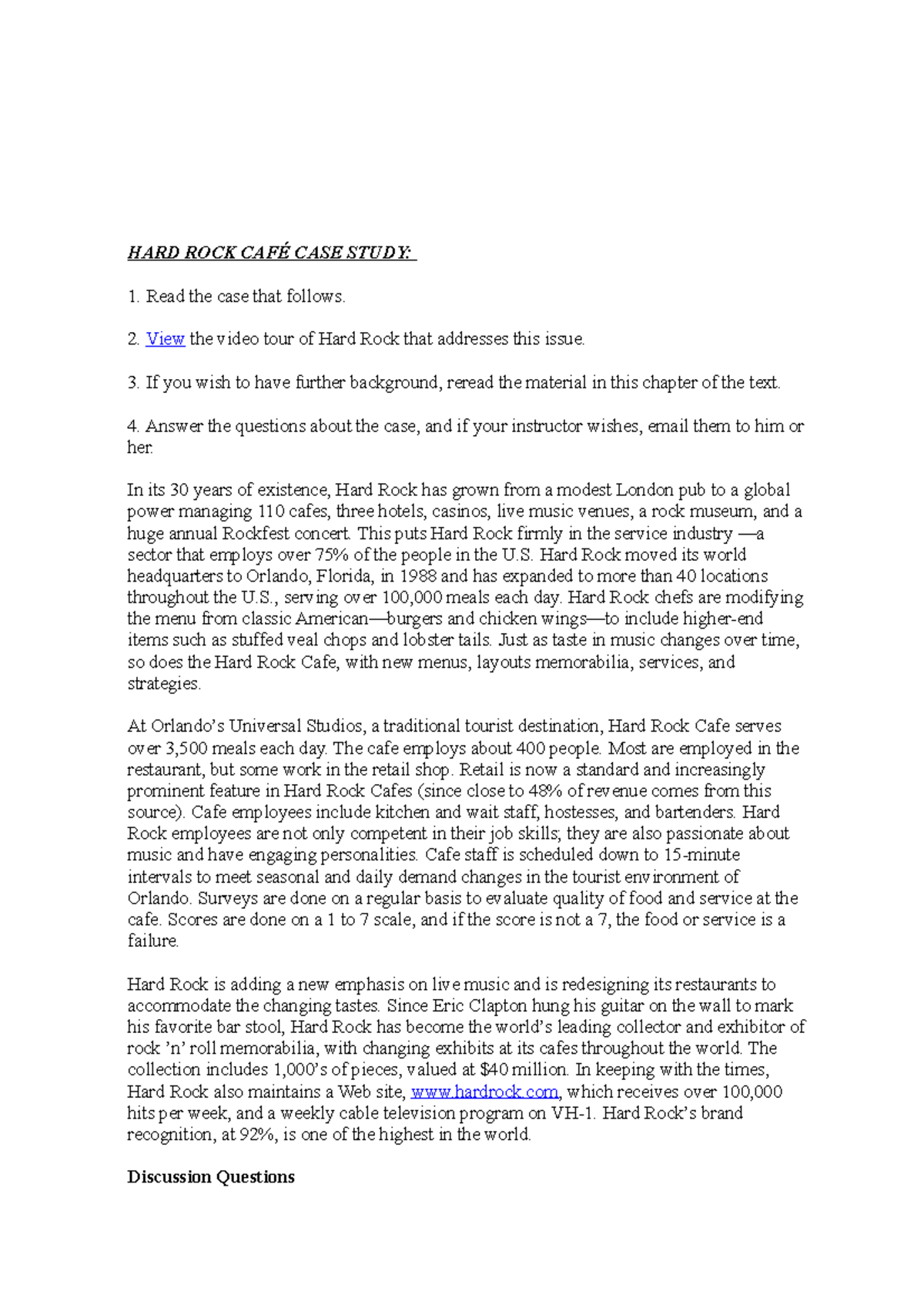 HARD ROCK CAFÉ CASE Study - HARD ROCK CAFÉ CASE STUDY: Read the case ...