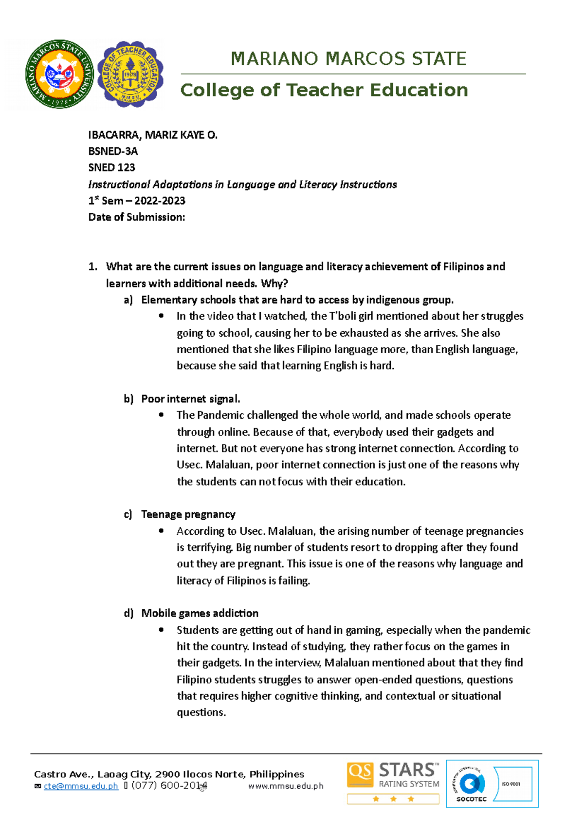 SNED122 Activity - behavioral recreation - IBACARRA, MARIZ KAYE O ...