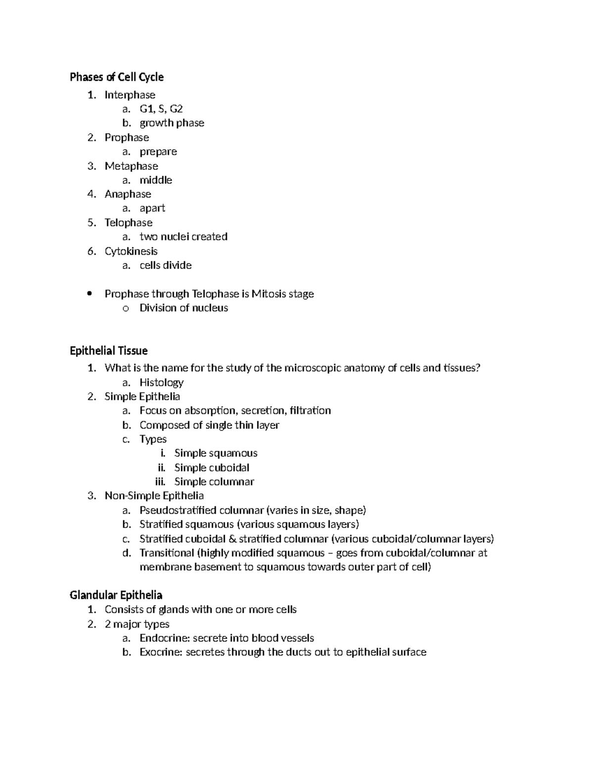 EBIO 201 Exam 1 Review - Cont. 3 - Phases of Cell Cycle 1. Interphase a ...