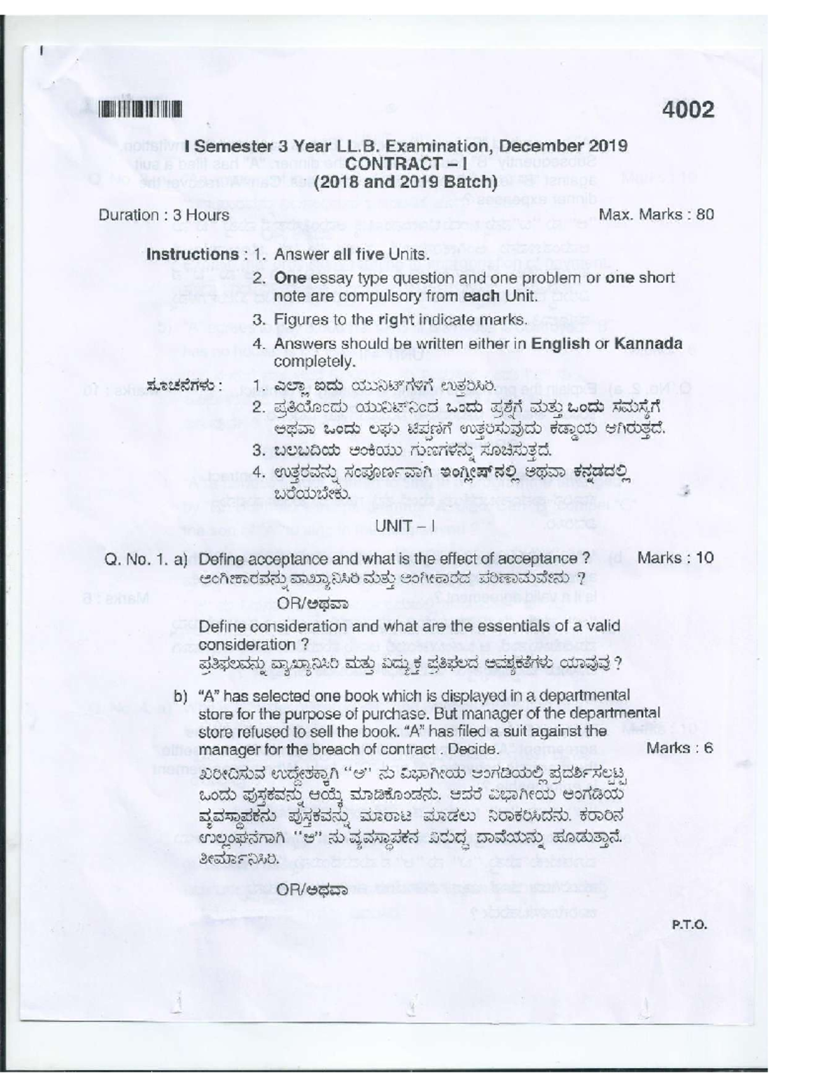 Contract 1 question paper - Llb 3 years - Studocu